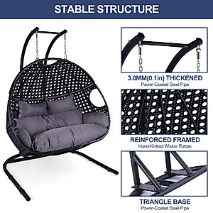 JESE Double Swing Egg Chair with Stand Indoor Outdoor,UV Resistant Cushion 2 People Hanging Anti-Rust Wicker Rattan Frame 530 lbs Capacity Oversized Hammock for Patio Bedroom Balcony，Black