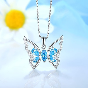 YL Butterfly Necklace for Women 925 Sterling Silver Created Aquamarine Butterfly Pendant Jewelry Gifts