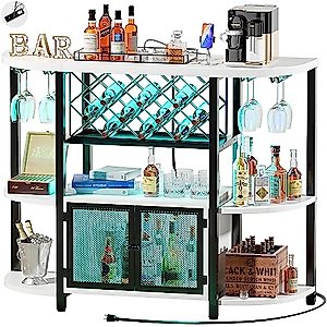 Unikito Bar Table with Double LED Lights and Power Outlet, Freestanding Wine Rack Table with Glass Holder, Home Mini Bar with Storage, Bar Cabinet for Liquor and Glasses for Kitchen Dining Room, White