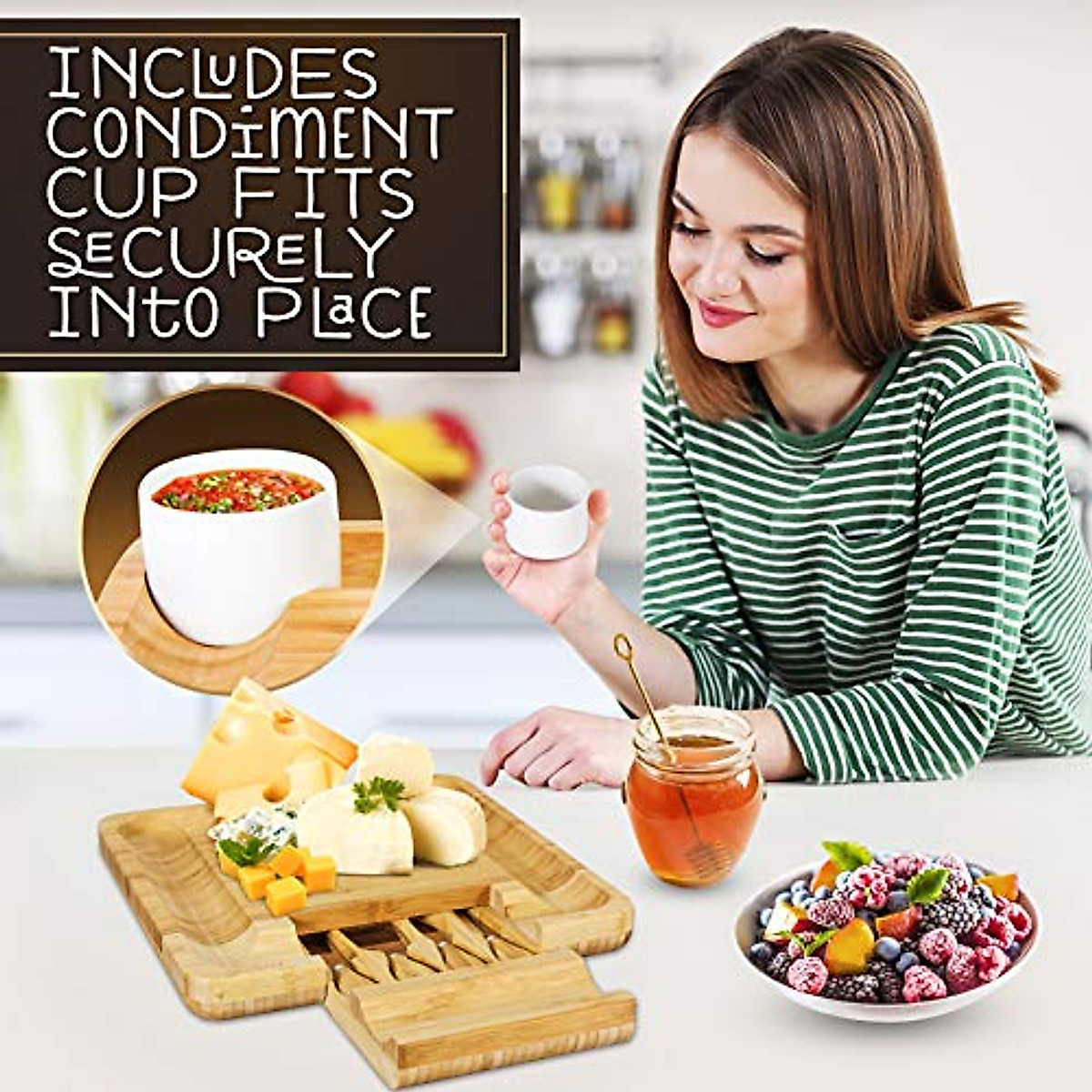 Bamboo Cheese Cutting Board Set - Flat Wood Serving Platter for Picnic Food or Wine, Rectangle Fruit and Meat Plate Kit w/Bowl, Closing Drawer Tray, 4 Stainless Steel Knives - NutriChef PKCZBD10