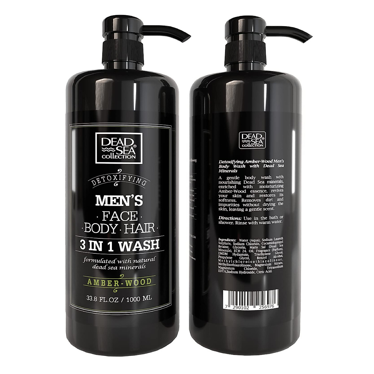 Dead Sea Collection Mens Body Wash 3 in 1 – Amber Wood Body Wash for Men – Shower Gel – Shampoo – Shower Soap for Face and Hair – Pack of 2 Bottles (33.8 Fl. Oz. Each)