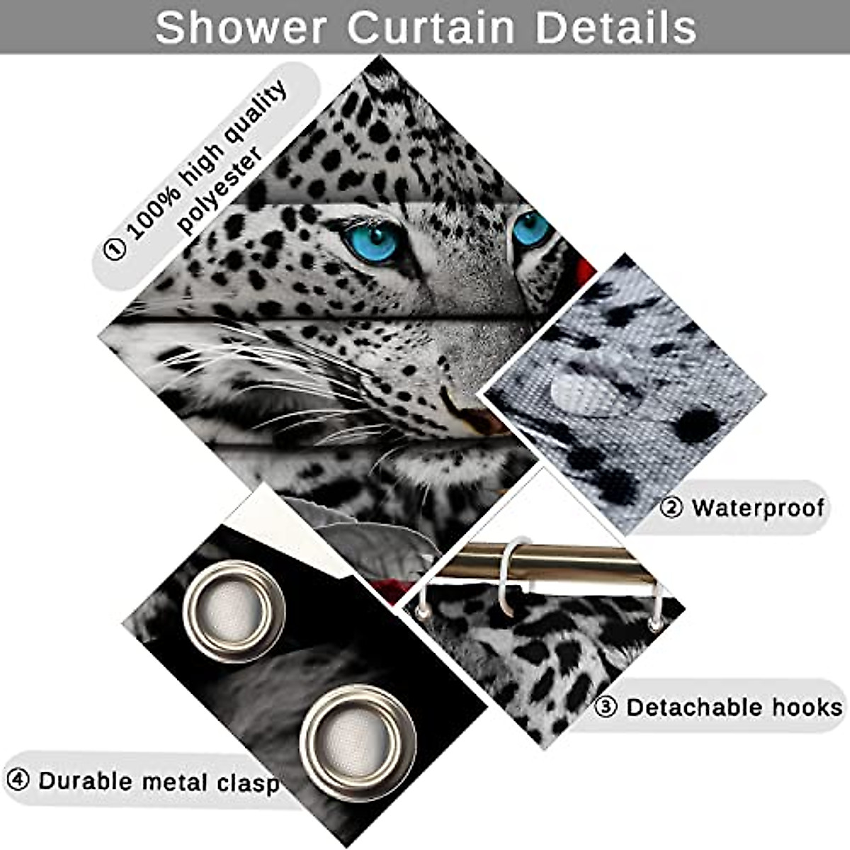 YOKYHOM 4 Piece Bathroom Sets with Shower Curtain and Rugs, Leopard Rose Bathroom Shower Curtain Sets with Rugs, Incl 71'' x 71'' Shower Curtain with 12 Hooks, Non Slip Bath Mats, Toilet Lid Oval Rug