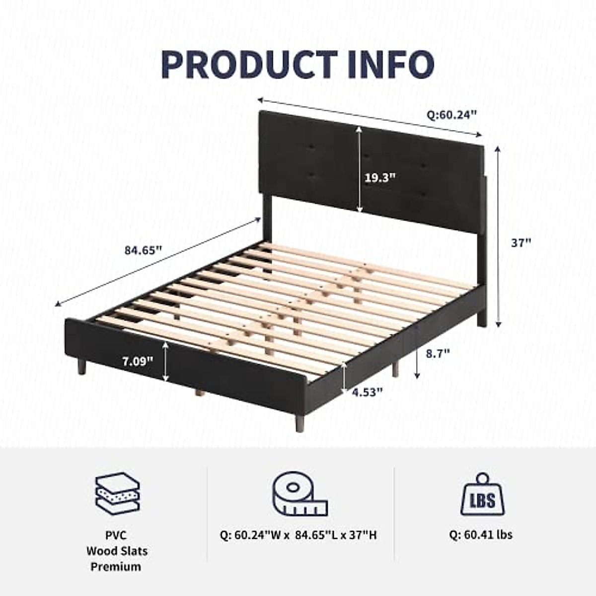 ZAFLY Platform LED Bed Frame Queen Size,Upholstered Queen Bed Frame with Adjustable Headboard,Queen Size Bed with RGB LED Strip Light,Wooden Slats Support,No Box Spring Needed,Easy Assembly,Black