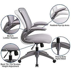 Flash Furniture Kale Mid-Back Gray Mesh Swivel Ergonomic Task Office Chair with Gray Frame and Flip-Up Arms