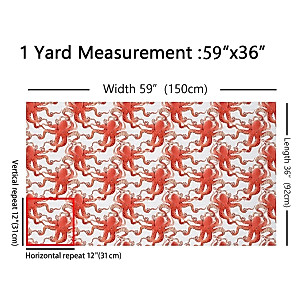 Octopus Decorative Fabric by The Yard Red Orange Marine Life Indoor Outdoor Upholstery Fabric Wild Ocean Animal Fabric for Quilting Sewing Arts DIY Craft,1 Yard