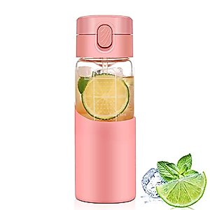 Glass Water Bottle with Straw,Handle Lid and Measurement Scale Silicone Sleeve , Portable Transparent Leak Proof Handy Cup Container for Sport Outdoors Vacation Travel Office ,450ML/15oz (Pink)