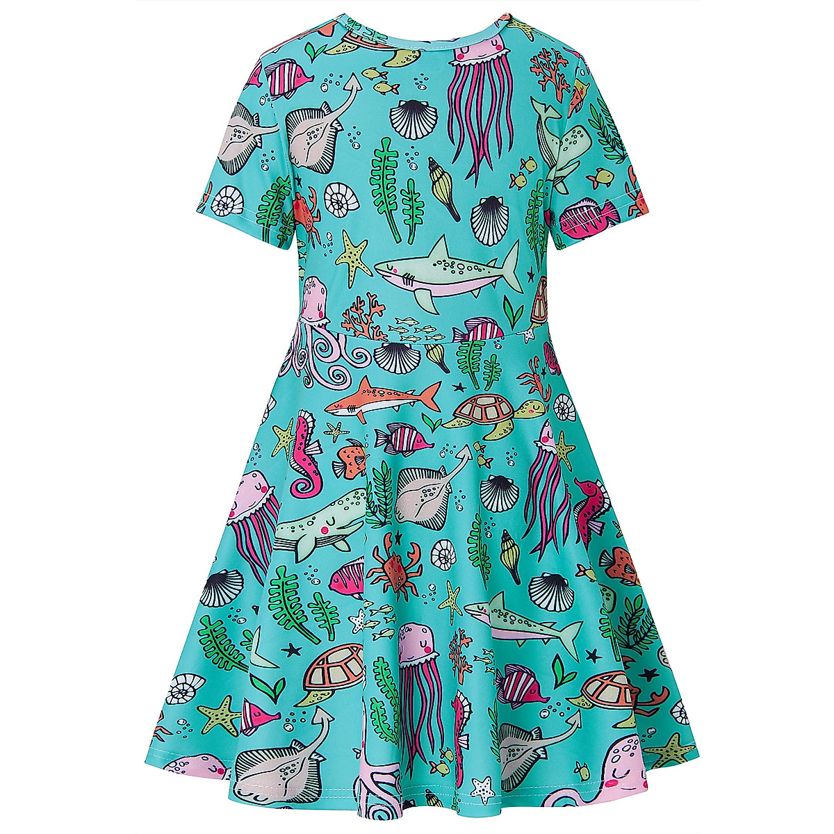 RAISEVERN Little Girl Dress Shark Octopus Turtle Ocean Short Sleeve Casual Sundress Kids Summer Swing Twirly Midi Dresses 2 Years Old