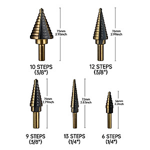 IRONANT Step Drill Bits, 5PCS HSS Titanium Step Drill Bit Set, 50 Sizes High Speed Steel Step Bits for Metal with Aluminum Case