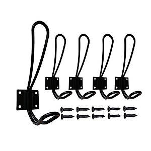 Mokife Wire Coat Hooks Black, 5 Pack Rustic Wall Hooks Heavy Duty Double Prong Wall Mounted Entryway Hook for Hanging Clothes Jackets Robes Towels Hats Keys Bags