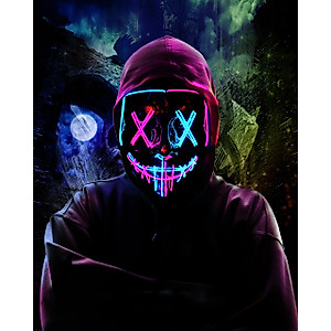 longpo Halloween Purge Mask for Adults Led Light Up Scary Mask Cosplay Costume for Halloween Festival Masquerade Carnival Party (multicolour blue & purple)