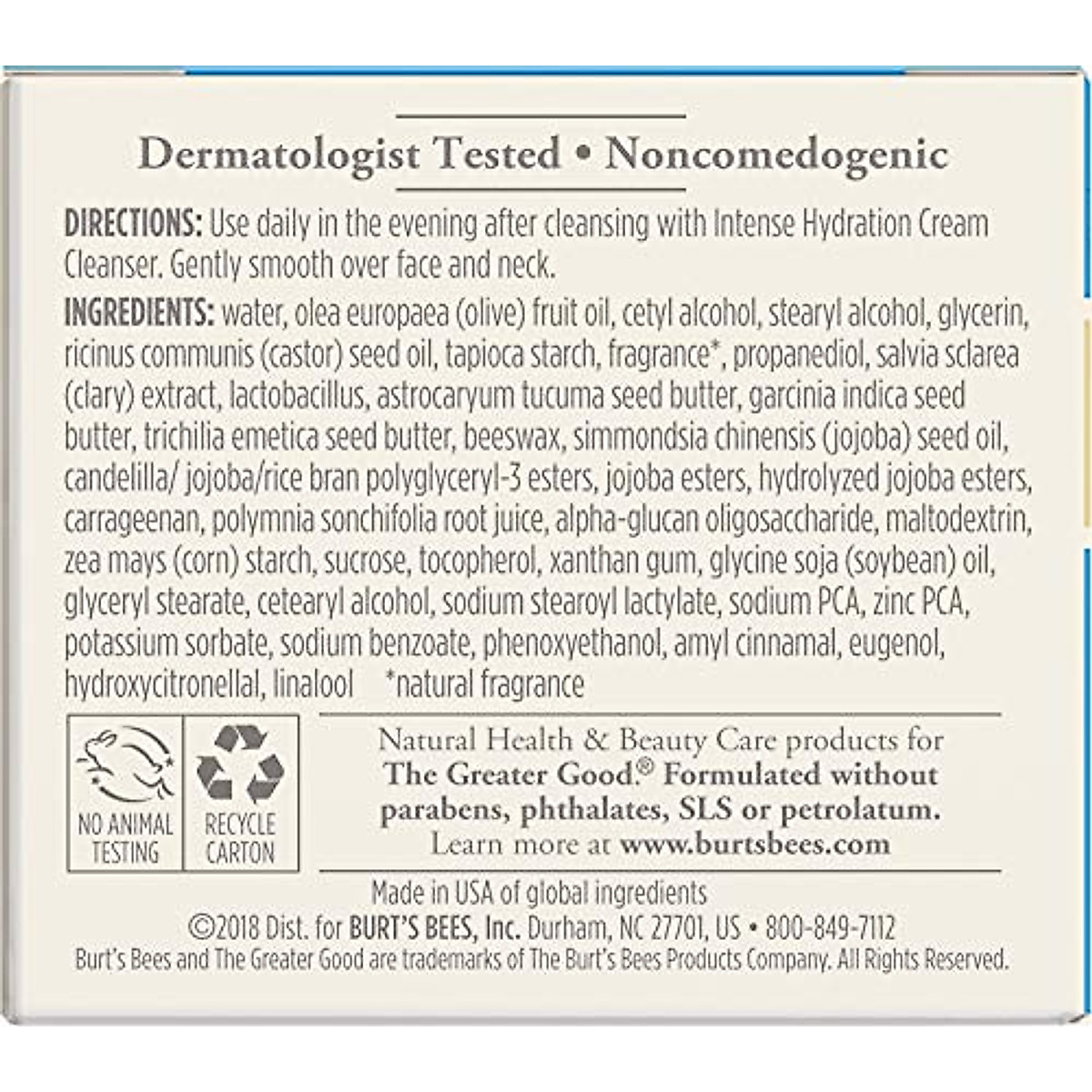 Burt's Bees Intense Hydration Night Cream, Moisturizing Night Lotion, 1.8 Oz (Package May Vary)