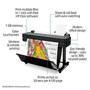 HP DesignJet T630 Large Format Wireless Plotter Printer - 36" (5HB11A), with Multipack and High-Capacity Genuine Ink Cartridges (10 Inks) - Bundle