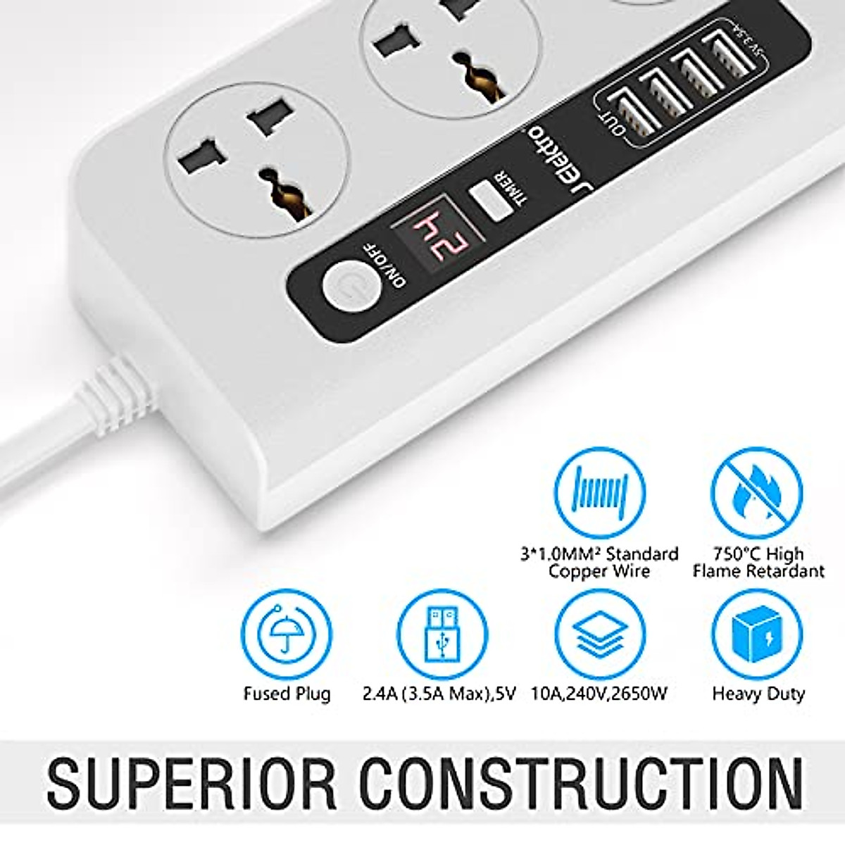 J Elektro Universal Power Strip with Surge Protector, 4 USB Charging Ports and 3 Universal Outlets Extension Cord with 24 Hour Timer, 1.4M/4.6FT Extension Lead with Timer Socket for Home Office