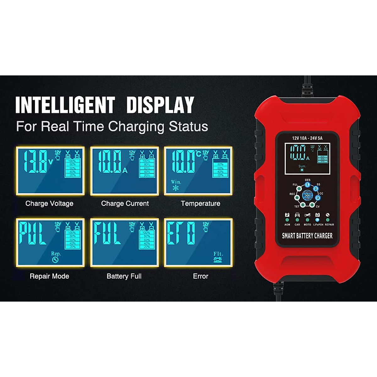 Foxsur 10-Amp 7-Stage Car Battery Charger for Wet/GEL/SLA/LiFePO4/Lead-Acid/AGM Batteries, 12V/ 24V Smart Battery Charger/Maintainer, for ATVs/Golf Cart/Motorcycle/Automobile/Marine etc Quick Charger