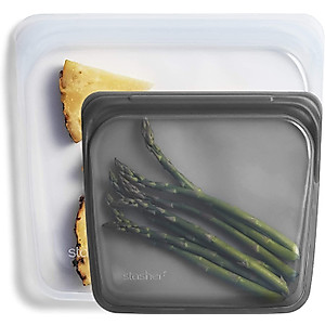 Stasher Silicone Reusable Storage Bag, 2 Sandwich (Clear + Ash) | Food Meal Prep Storage Container | Lunch, Travel, Makeup, Gym Bag | Freezer, Oven, Microwave, Dishwasher Safe, Leakproof