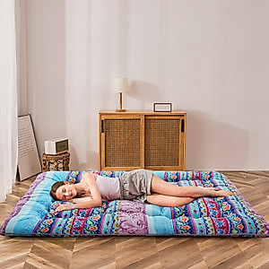 MAXYOYO Bohemian Floor Mattress Futon Mattress Vintage Floral Japanese Futon Mattress Roll Up Tatami Floor Mat Foldable Bed Portable Camping Mattress Sleeping Pad Floor Lounger Bed Full Size