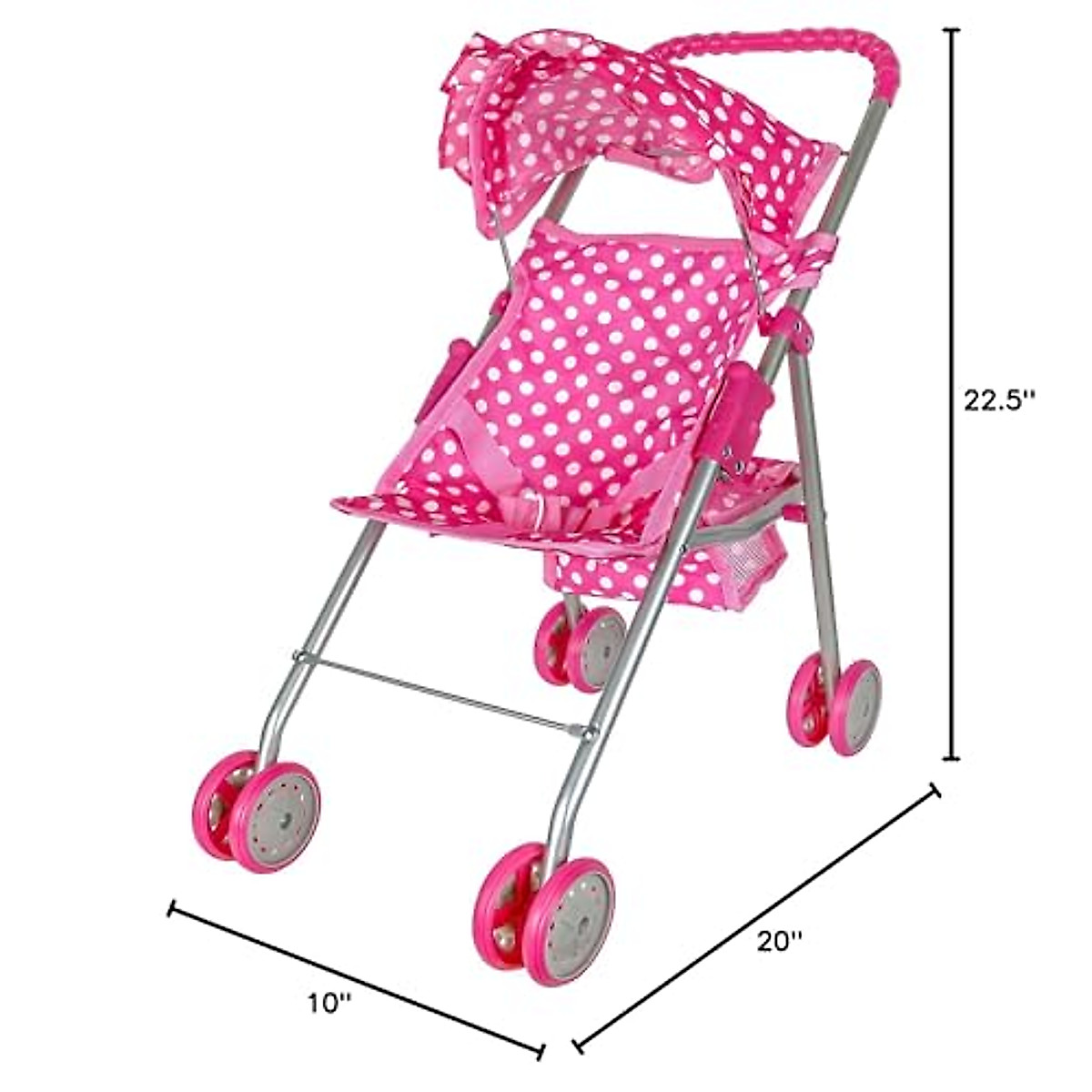 Click N' Play Baby Doll Stroller, Pink & White Polka Dots Baby Stroller for Dolls, Foldable with Hood and Basket, Toy Stroller for Baby Dolls, Doll Strollers for Girls 2 Years Old and Older, Toddlers
