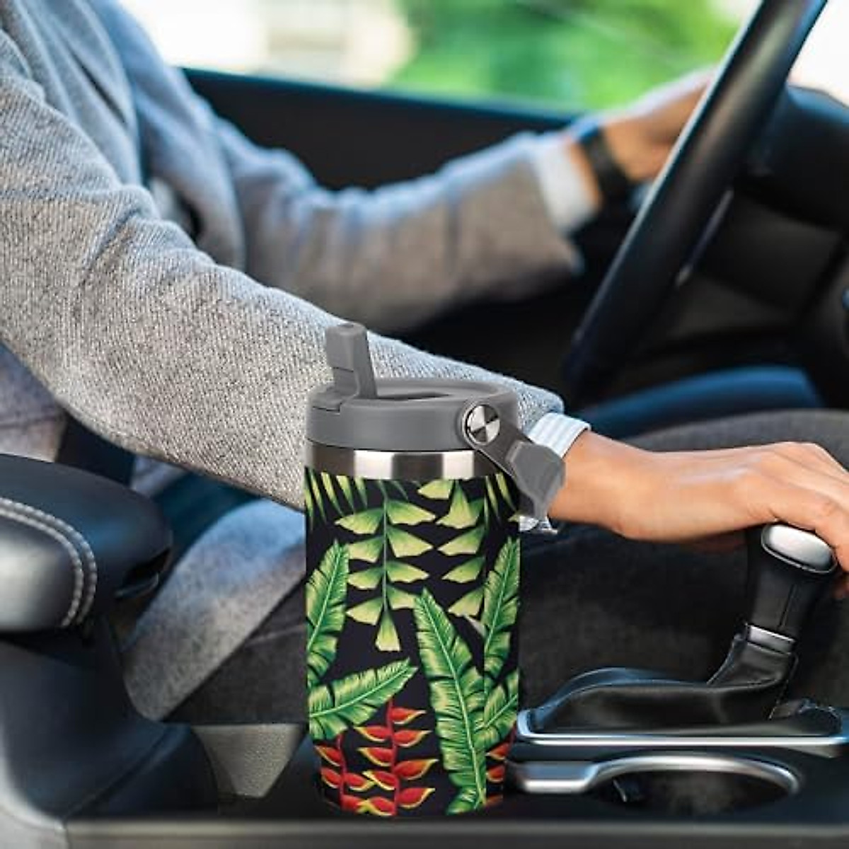 GemGam Stainless Steel Tumbler with Lid And Straw 30 Oz Top Handle Palm Tree Colorful Flower Leakproof Vacuum Insulated Water Bottle for Car Travel Exotic Plant