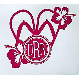 Custom Initial Monogram Decal Bumper Sticker, for Tumblers, Laptops, Car Windows - Sandal Flip Flop & Hibiscus Tropical Flower Design