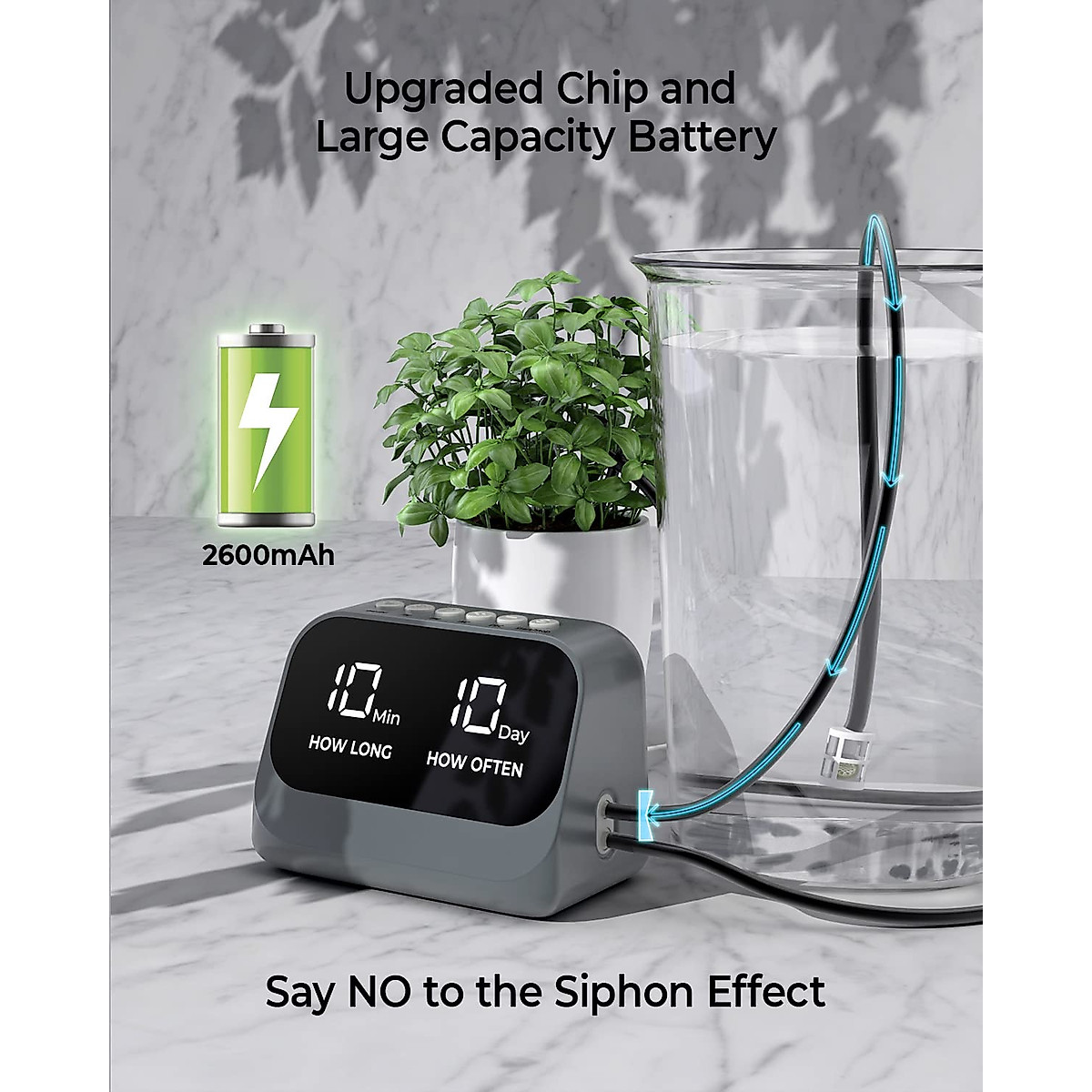 Automatic Watering System for Potted Plants, Plant Waterer with Smart Programmable Timer, Waterproof LED Display & Large Capacity Battery, Precise Distribution of Water, Gray