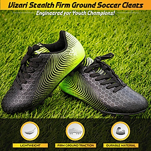Vizari Stealth FG Soccer Shoes | Firm Ground Outdoor Soccer Shoes for Boys and Girls | Lightweight and Easy to wear Youth Outdoor Soccer Cleats | Green/Black | Little Kid