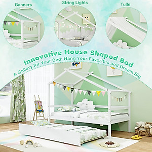 Giantex Wood House Bed for Kids, Twin Bed Frame with Trundle Bed Twin, Kids Bed Frame with Headboard and Footboard, Twin Size House Bed for Kids, Girls, Boys (White)