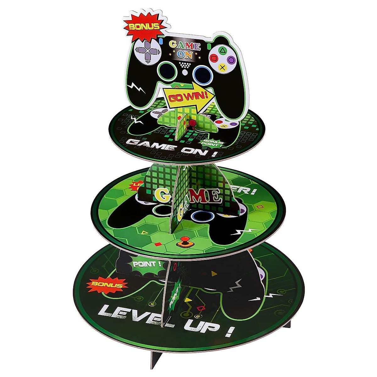 WERNNSAI Video Game Cupcake Stand - 3-Tier Gaming Party Decorations for Boys Cardboard Cupcake Holder Round Serving Tray Stand Dessert Tower Video Game Theme Birthday Party Supplies