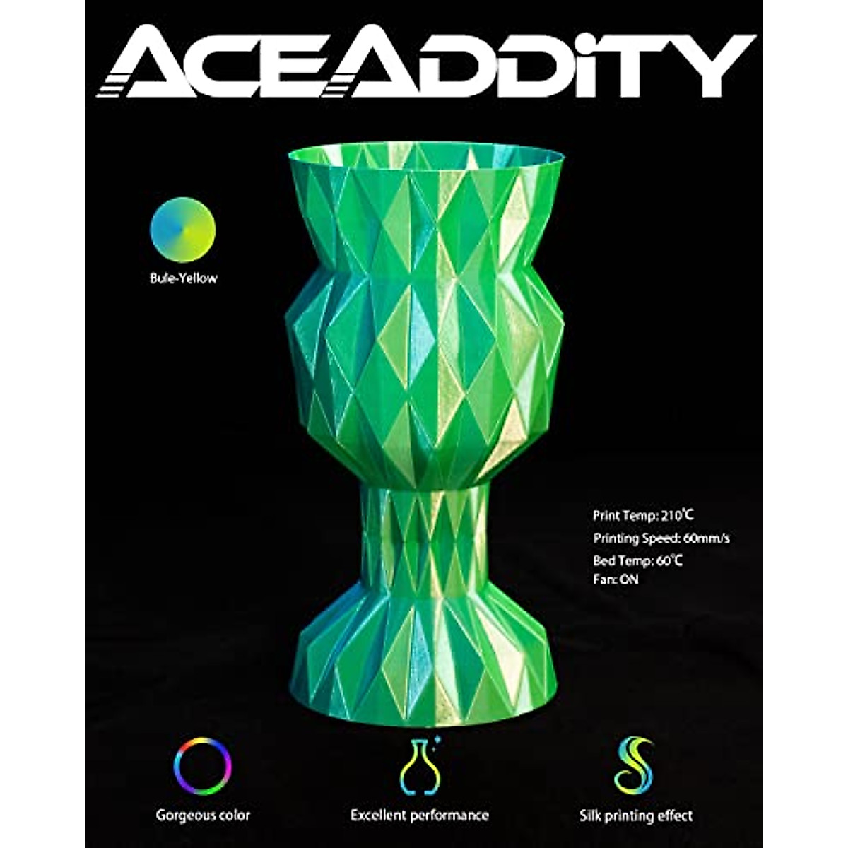Aceaddity Silk Magic PLA 3D Printer Filament, Dual-Colour Co-Extrusion 1.75mm 3D Printing PLA Filament, Shiny Silk Coextruded PLA, Dimensional Accuracy +/- 0.03 mm, 1kg/2.2lbs (Blue-Yellow)