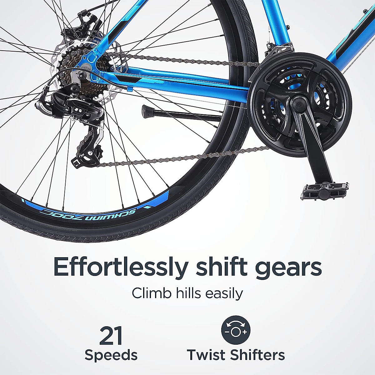 Schwinn Volare 1200 Flat Bar Hybrid Sports Road Bike, Men and Women, 21-Speed, 700c Wheels, 19-Inch Aluminum Frame, Disc Brakes, Matte Blue