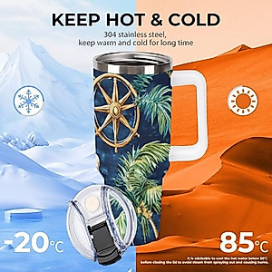 Skull Sailing Ship Parrot Coconut Tree 40oz Water Bottle Double Wall Insulated Tumbler with Handle Leakproof Travel Mug White-style