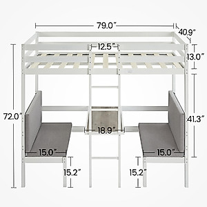 Metal Loft Bed Twin Size, Twin Loft Bed with Desk and Bench, Twin Size Loft Bed Turn into Twin Bunk Beds, Twin Loft Bed with Ladder and Full-Length Guardrail(Cushion Sets are Free), Twin White