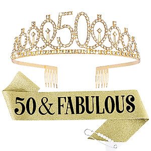 50th Birthday Celebration Set - Gold Pearl Pin, Crown, and Sash - Fabulous Party Favors for Women