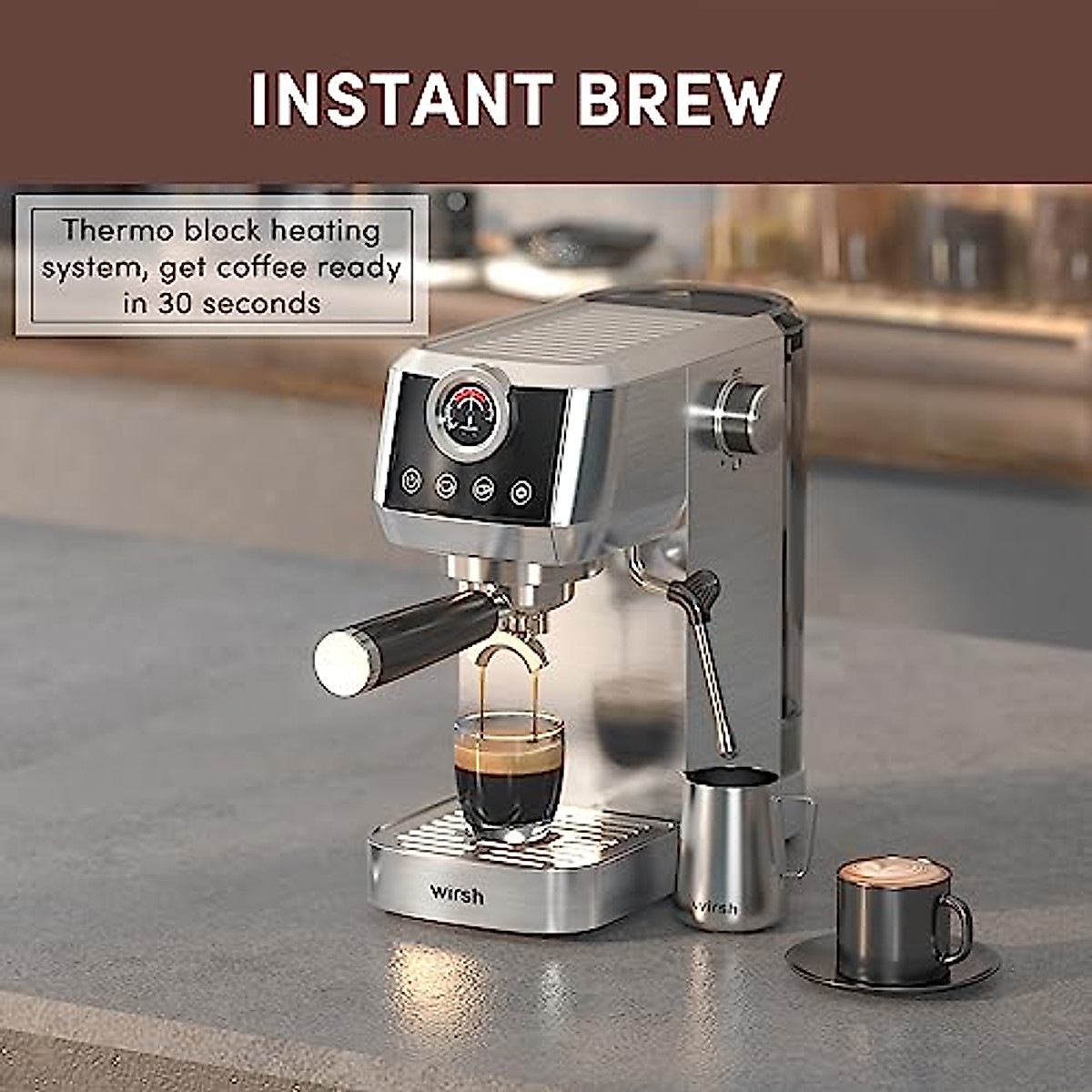 Espresso Machine, Wirsh 20 Bar Espresso Coffee Maker with Plastic Free Portafitler and Steamer for Latte and Cappuccino, Expresso Coffee Machine with Pressure Gauge, Touch Screen, Full Stainless Steel (Home Barista Plus)