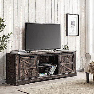 OKD Farmhouse TV Stand for 75 Inch TV with Sliding Barn Door, Rustic Wood Entertainment Center Large Media Console Cabinet Long Television Stands for 70 Inch TVs, Dark Rustic Oak