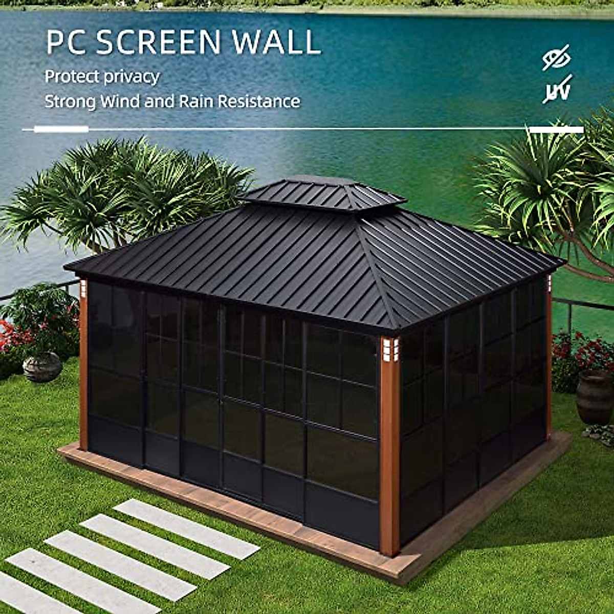 PURPLE LEAF 12' X 14' Patio Hardtop Gazebo Double Top Outdoor Screen House Aluminum Solarium Backyard Sun Room with LED Lights