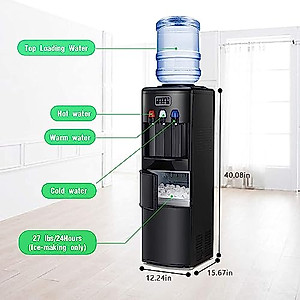 Antarctic Star 2-in-1 Water Cooler Dispenser with Built-in Ice Maker, Hot and Cold Top Loading 3 to 5 Gallon Bottle Water Dispenser,27LBS/24H Ice Maker Machine with Child Safety Lock（Black）