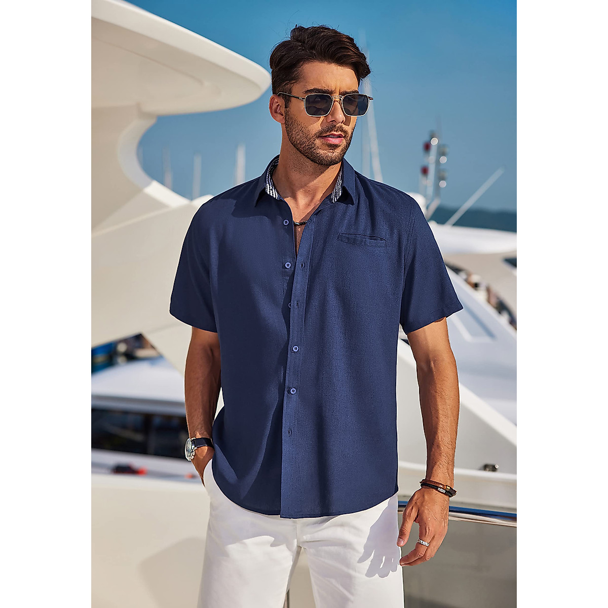 COOFANDY Mens Shirt Linen Casual Button Down Summer Beach Tops, Navy Blue, Large, Short Sleeve