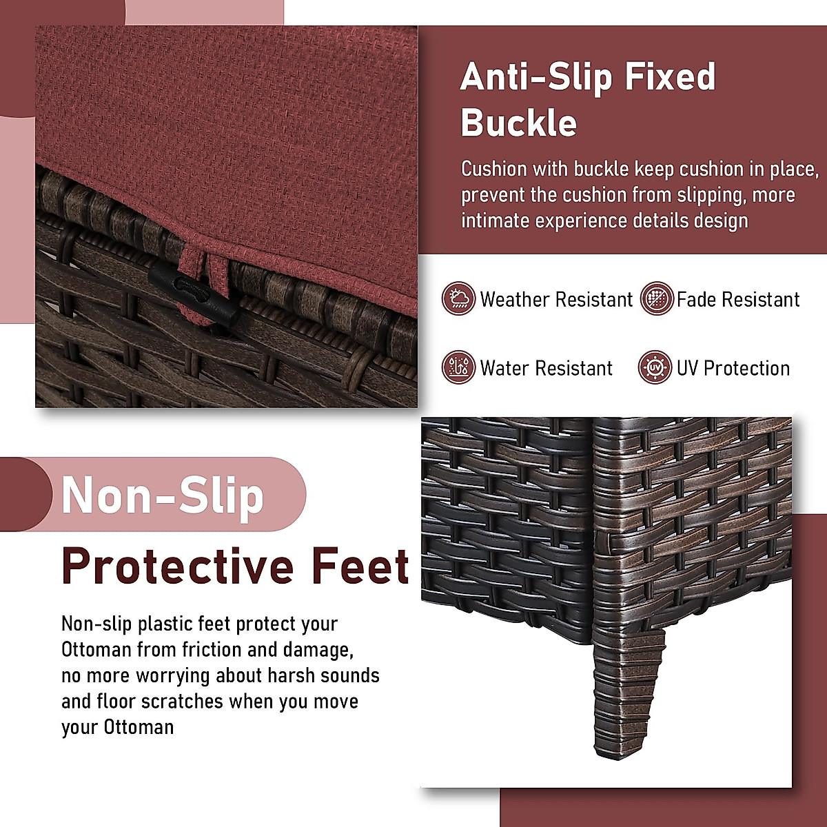 Outdoor Ottoman Set of 2 - PE Wicker Rattan Ottoman Patio Footstool for Deck Porch Balcony Garden - Brown/Red