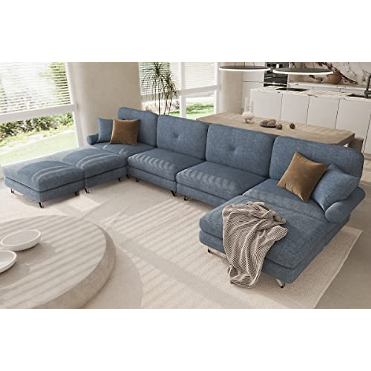 HOMERILLA Sectional Sofa, Modular Sofa, Modern Loveseat Living Room Seater Sofa with Armrest, Sleeper Bed Couch, Washable U-Shape Sofa, L-Shape Sofa with Ottomans, 7-Seat Sofa, Denim Blue