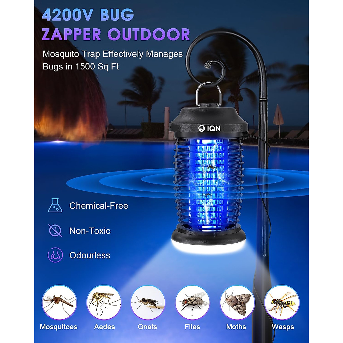Bug Zapper Outdoor,15w Electric Mosquito Zapper with LED Light for Indoor,4200V Insect Fly Zapper Waterproof with 8.92ft Power Cord,Fly Trap Outdoor for Home,Patio,Backyard,Garden,Camping