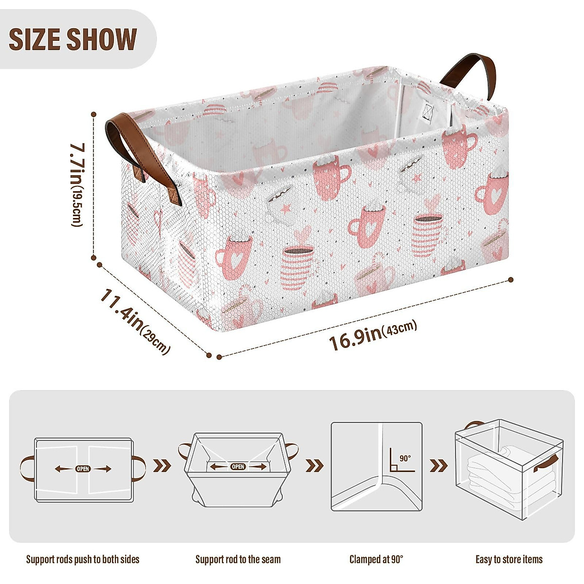 Exnundod Collapsible Storage Bin Pink Coffee Hearts Organizer Storage Shelf Basket Cute Valentine's Day Storage Boxes with Handles for Closet Blanket Toys Home Dorm Office