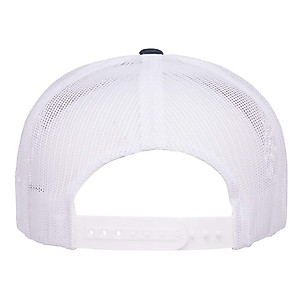 Your Logo Embroidered On Yupoong 6006 Flatbill Trucker Snapback Hat Custom Logo (Navy/White)