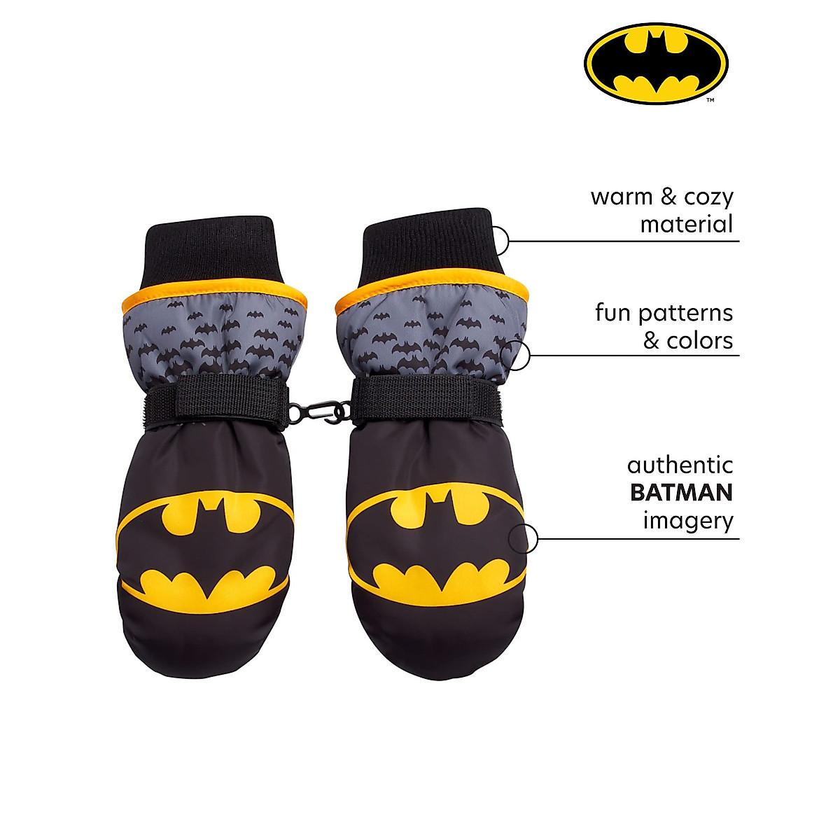 WARNER BROS Boys' Batman Ski Gloves - Superhero Logo Winter Ski Gloves or Mittens, Size 2T-4T, Batman Mitten
