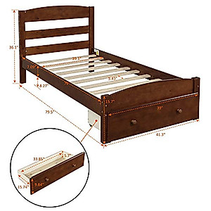 Platform Twin Bed Frame with Storage Drawer and Wood Slat Support No Box Spring Needed (Walnut)