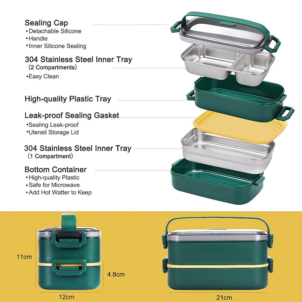 JUBOSYCZ Stainless Steel Bento Box for Adults&Kids,Japanese Leakproof Lunch Box Divided Food Meal Storage Containers Set Stackable 2 Layer for Children School Picnic Green