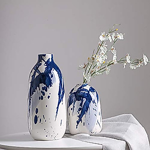 TERESA'S COLLECTIONS Modern Ceramic Vase, Home Decor Accents, Navy Blue and White Vases for Flowers, Decorative Vases for Table Centerpieces, Mantel, Shelf, Living Room -Set of 2, 7.2″ & 11.4″