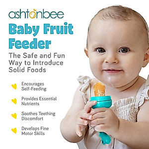 Baby Fruit Feeder, Teething Pacifier for Fruits, Veggies, or Frozen Milk, Food-Grade Silicone Teethers for Babies 6-12 Months, Baby Essentials for Teething Relief - Mango Orange and Berry Blue