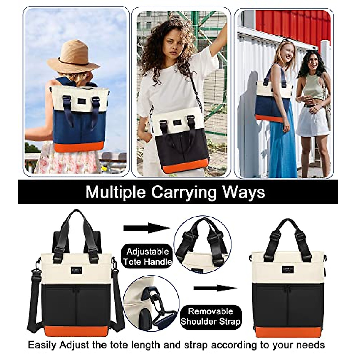 COMELY 4-in-1 Laptop Backpack Casual Daypack Crossbody Bag Leight Weight Tote Purse for Daily Work College, 16A-Black