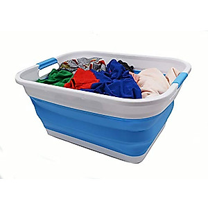 SAMMART 41L(10.8 Gallon) Collapsible Plastic Laundry Basket-Foldable Pop Up Storage Container-Portable Washing Tub-Space Saving Hamper/Basket, Water Capacity: 32L (8.4 Gallon) (2, White/Marine Blue)
