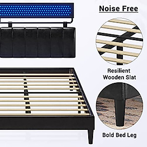EPHEX King Platform Bed Frame with LED Lights, Faux Leather Upholstered Bed Frame with Wall Mount Headboard & Pegboard, Strong Wood Slat Support, No Box Spring Needed, Black
